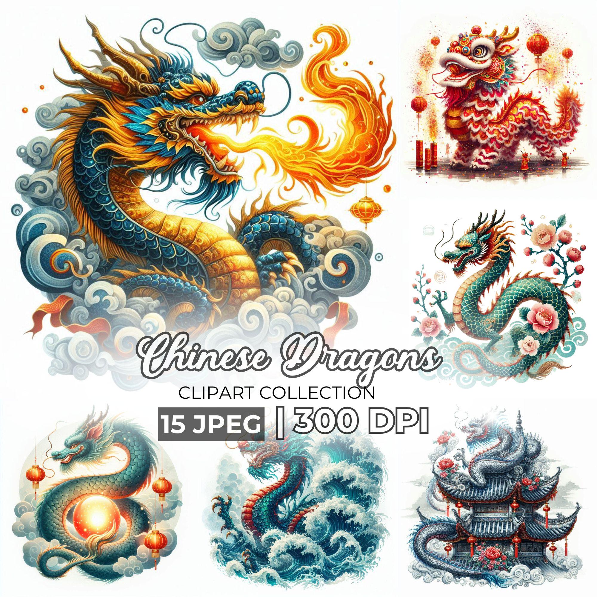 Chinese Dragon Clipart Bundle JPEG, Watercolor Fire Dragon Designs for ...