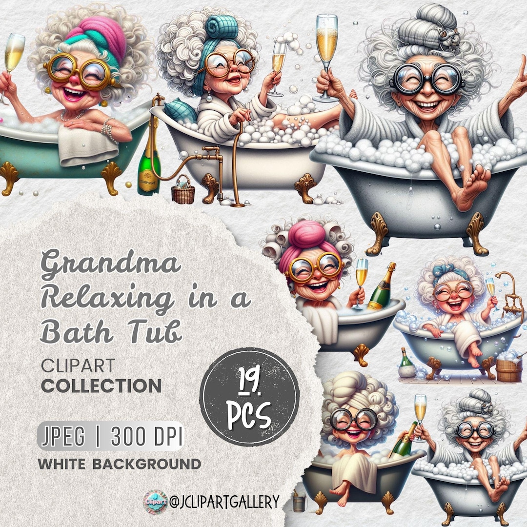 Quirky Grandma Bath Time Clipart Bundle, Fun Vintage Bathing Lady Clip ...