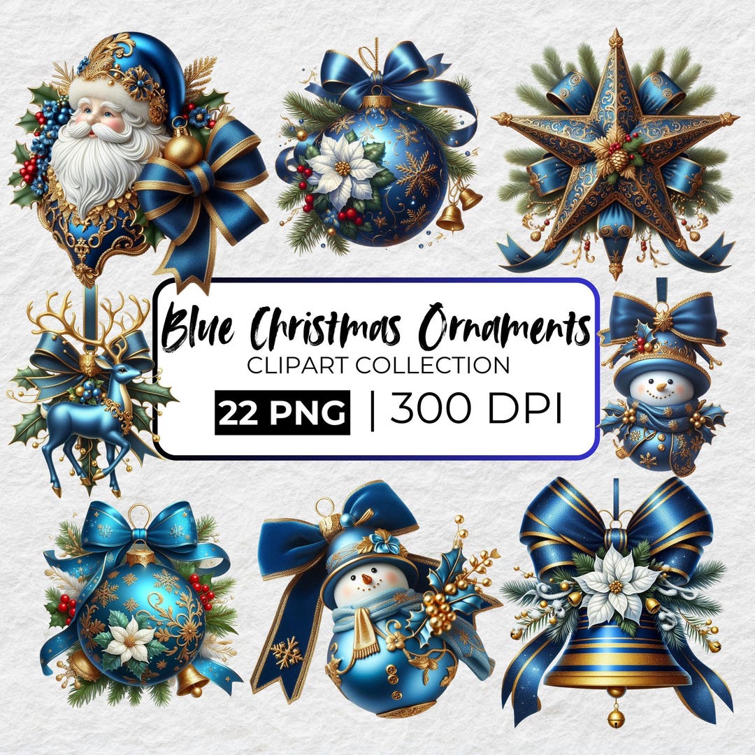 Blue Christmas Ornaments Clipart PNG Bundle, Watercolor Christmas ...