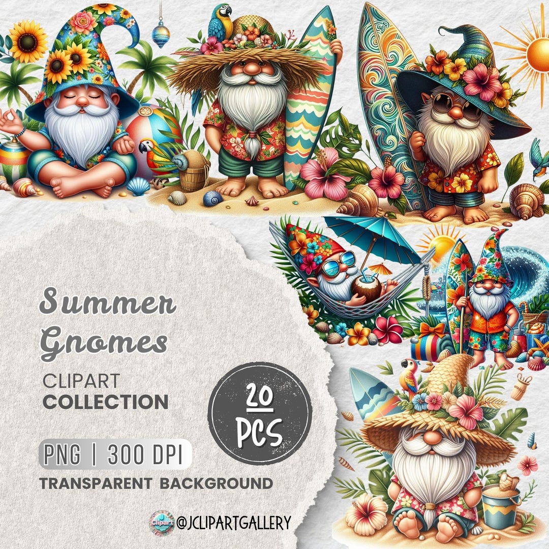 Summer Beach Gnome PNG Clipart Bundle, Summer Vacation Surfing Gnomes ...