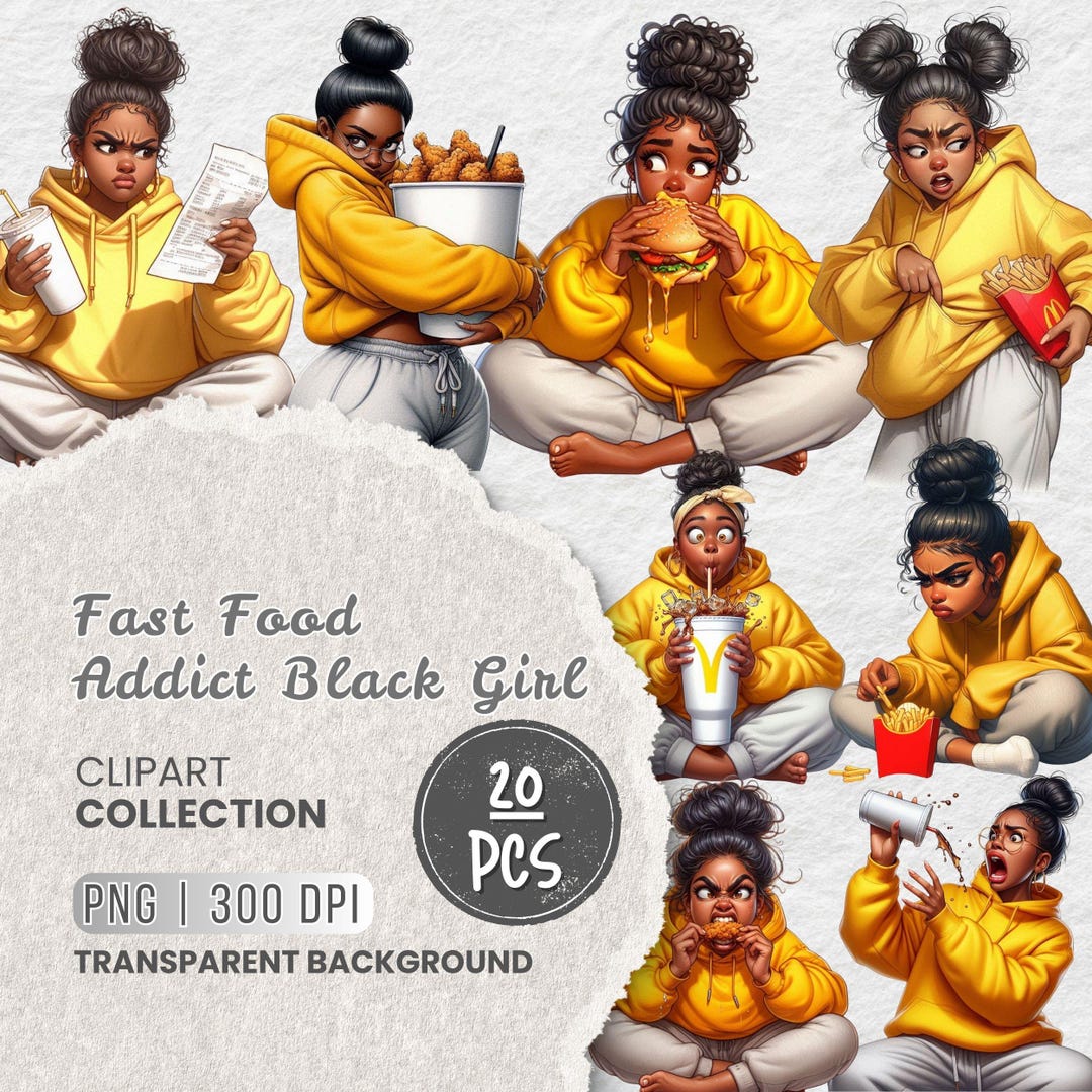 Fast Food Girl Clipart Png Bundle, Quirky Black Woman, Funny Junk Food ...