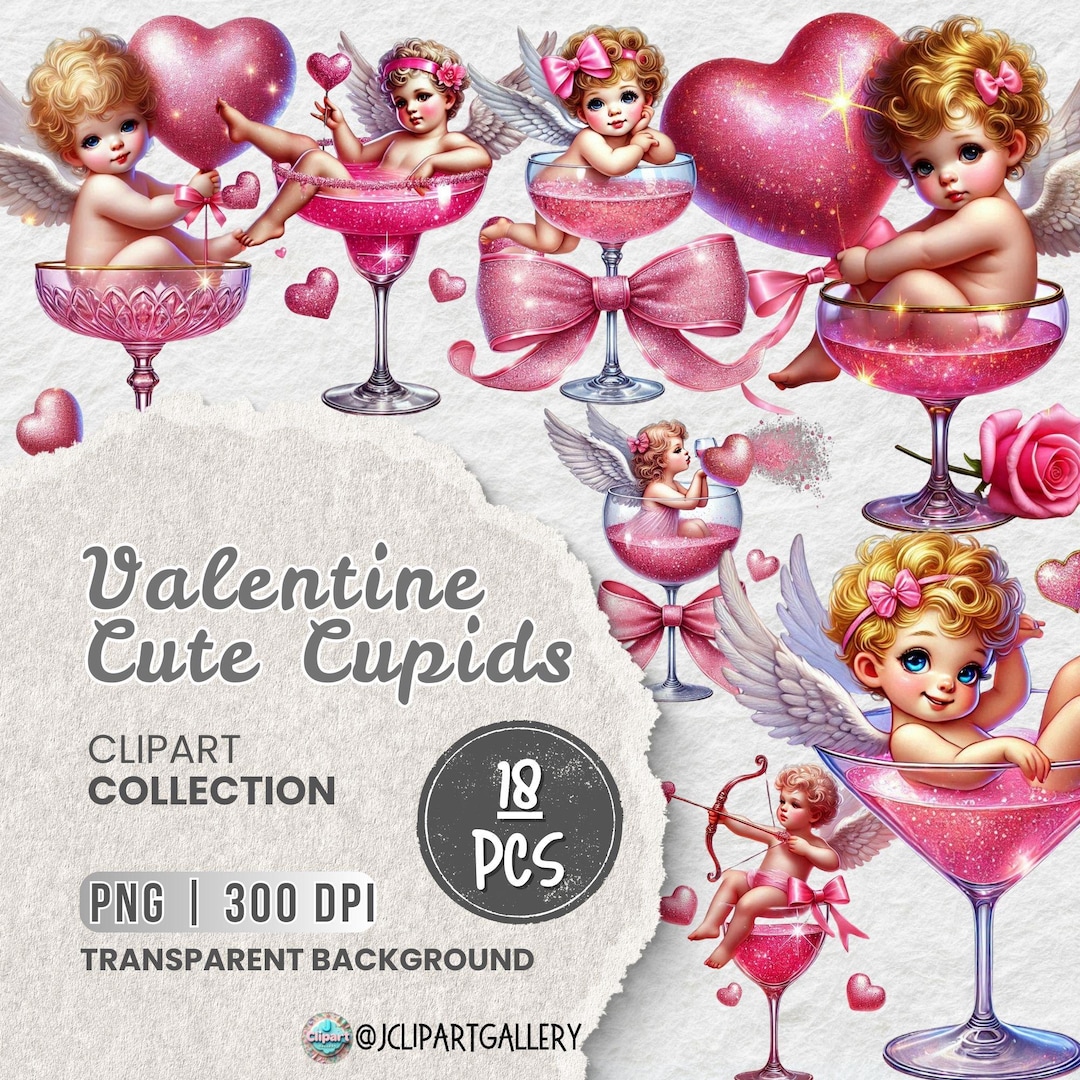 Valentine Cupid Clipart Bundle PNG, Pink Angel Cupids With Hearts ...