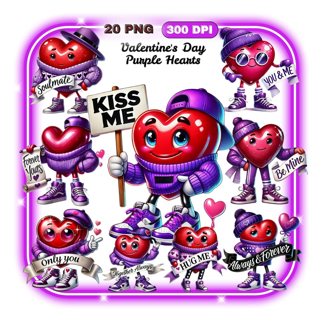 Purple Valentine's Day Heart Clipart Bundle PNG, Funny Valentine ...