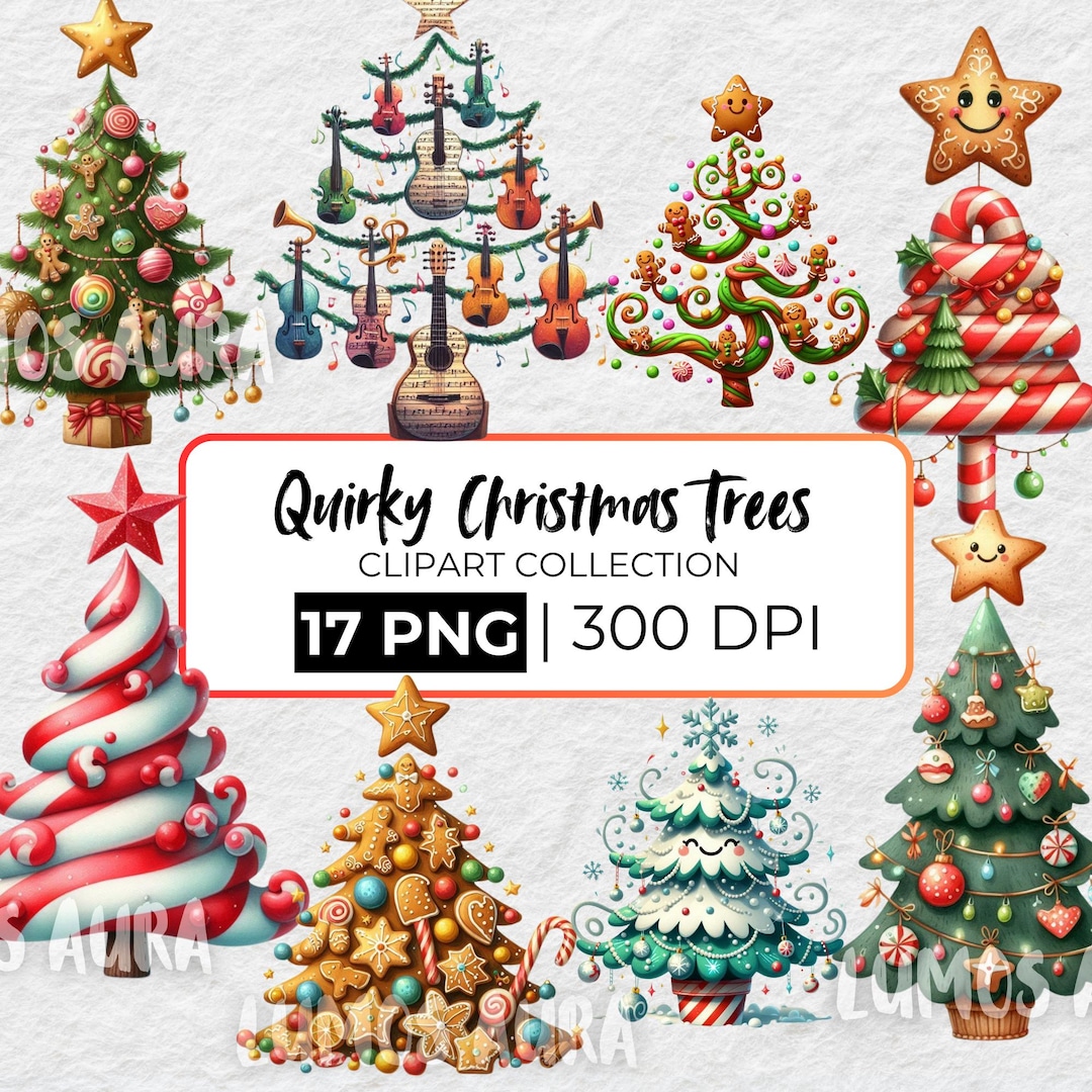 Whimsical Christmas Tree Clipart PNG Bundle, Quirky Winter Holiday ...