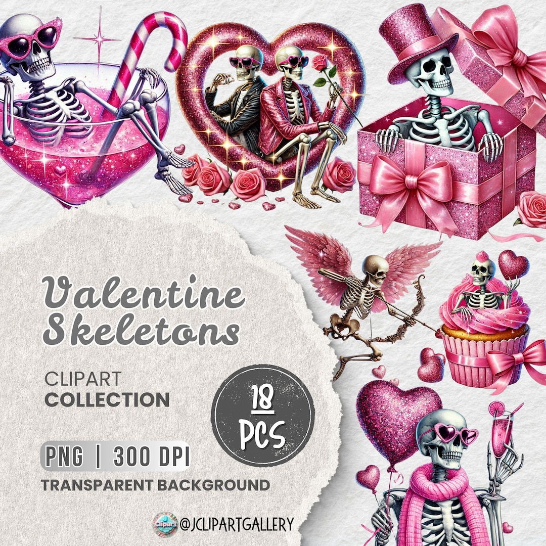 Pink Skeleton Valentine PNG Clipart Bundle, Gothic Valentine Pngs for ...
