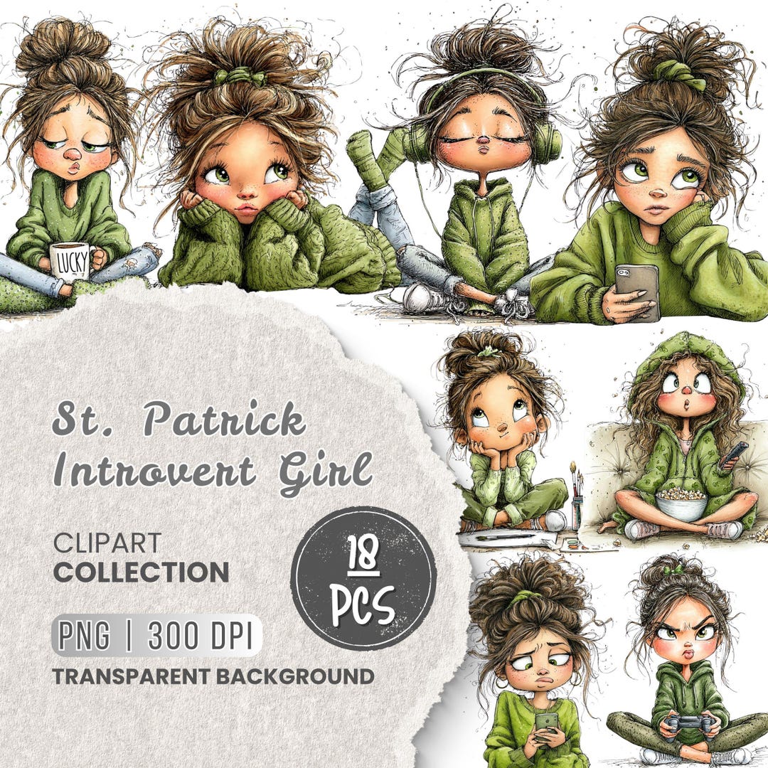 St Patrick Introvert Girl Clipart, Whimsical Cozy Kid, Quirky Planner ...