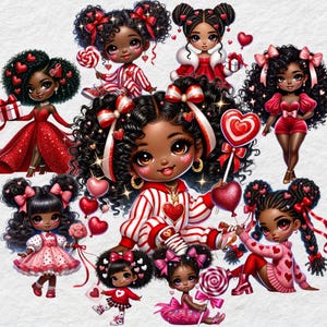 Valentine's Day Black Girl Clipart Bundle PNG, Cute Afro Girls With ...