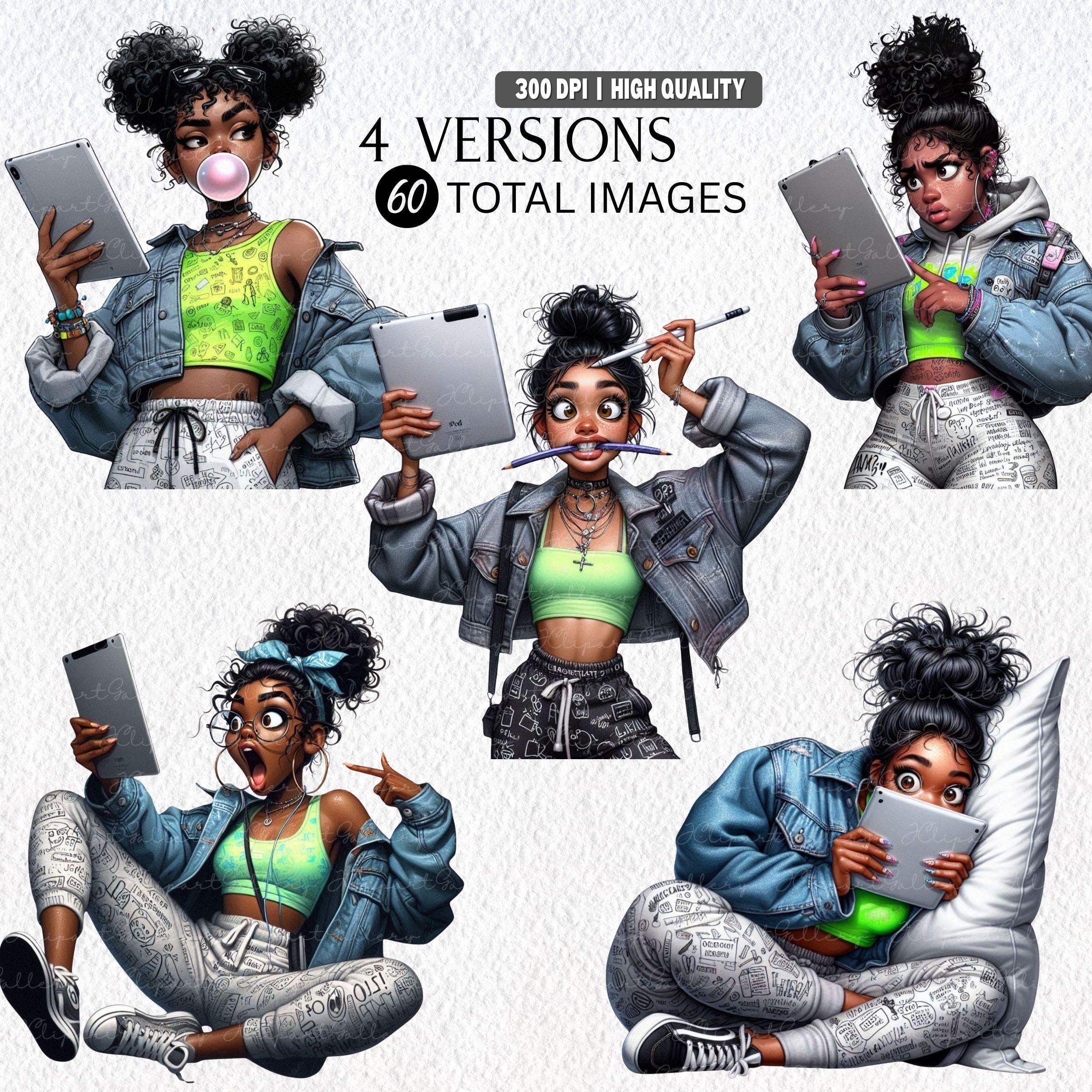 Quirky Black Girl Journaling Clipart Bundle, 4 Versions Afro Girls ...