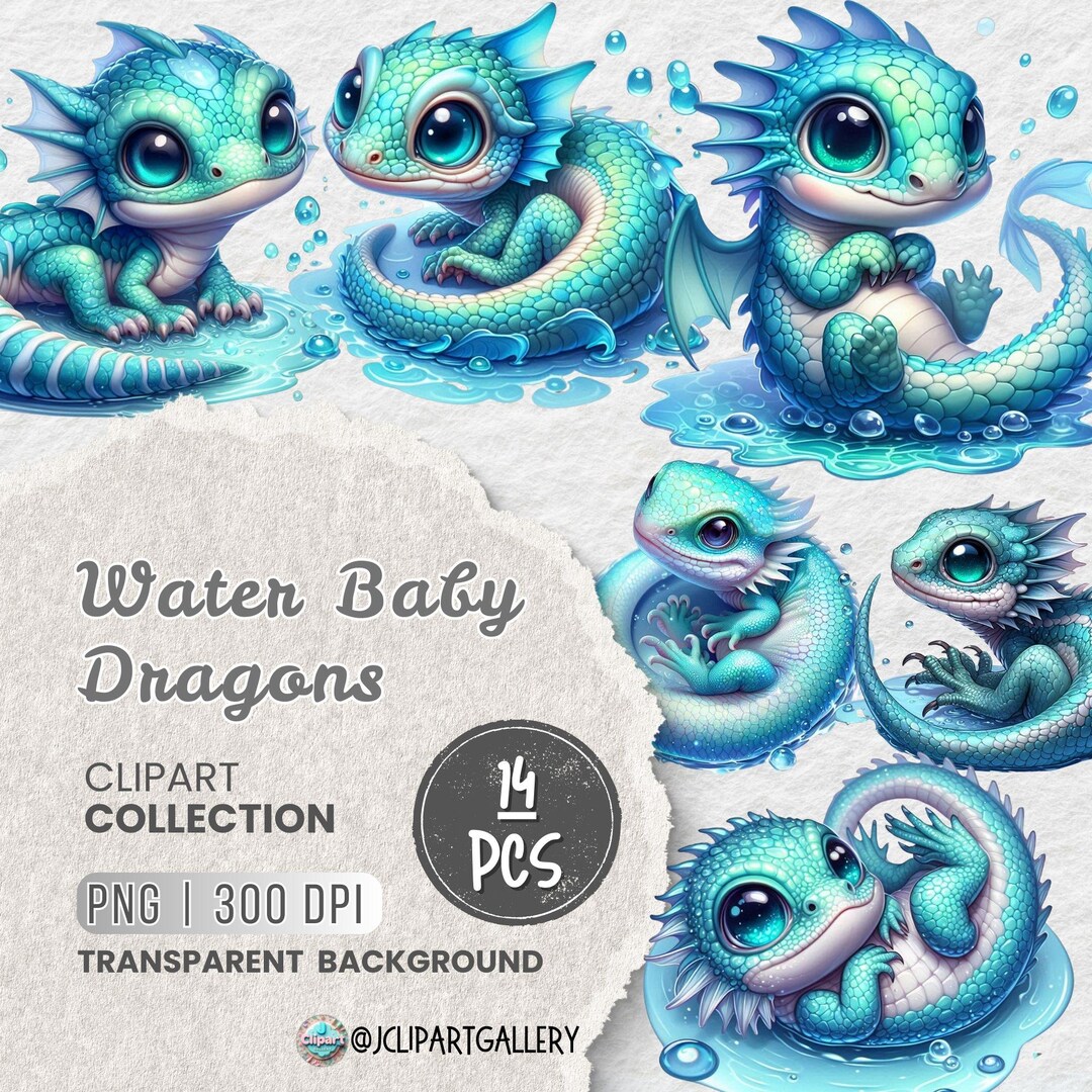 Adorable Baby Water Dragon PNG Clipart Bundle, Cute Blue Dragon PNG ...