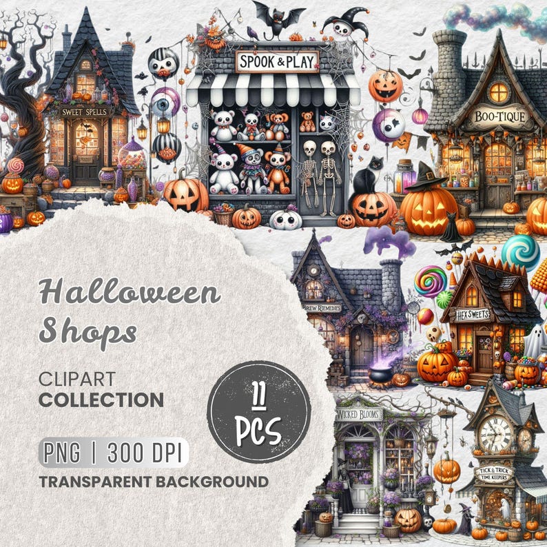 Whimsical Halloween Shop Clip Art, Spooky Boutique Storefront ...