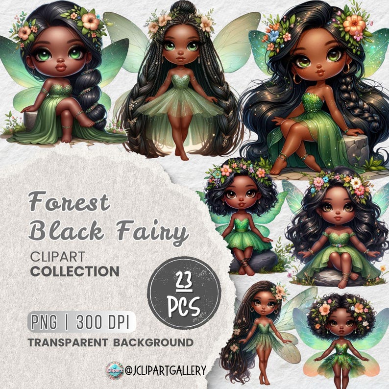 Green Forest Fairy Clipart PNG Bundle, Dark Skin Fairies PNG, African ...