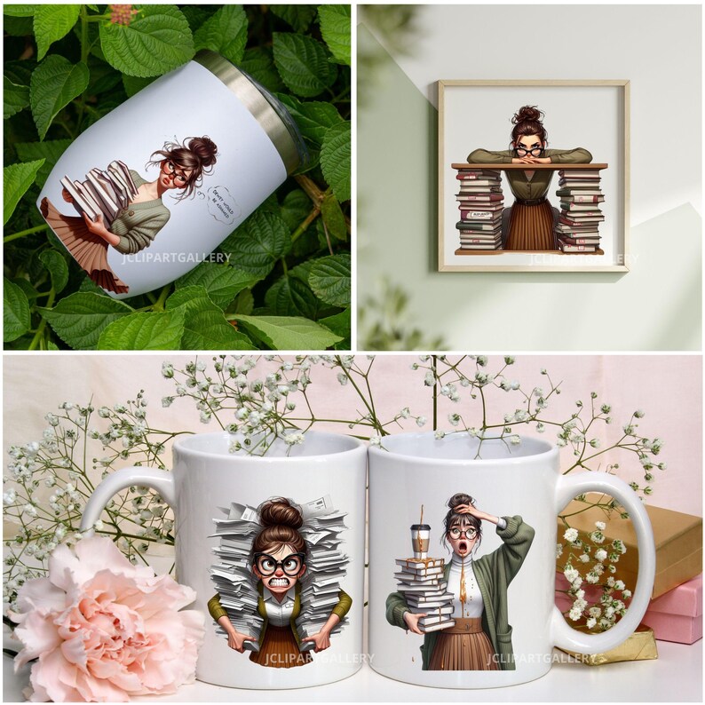 Quirky Librarian Clipart Bundle PNG, Funny Library Life, Book Lover ...