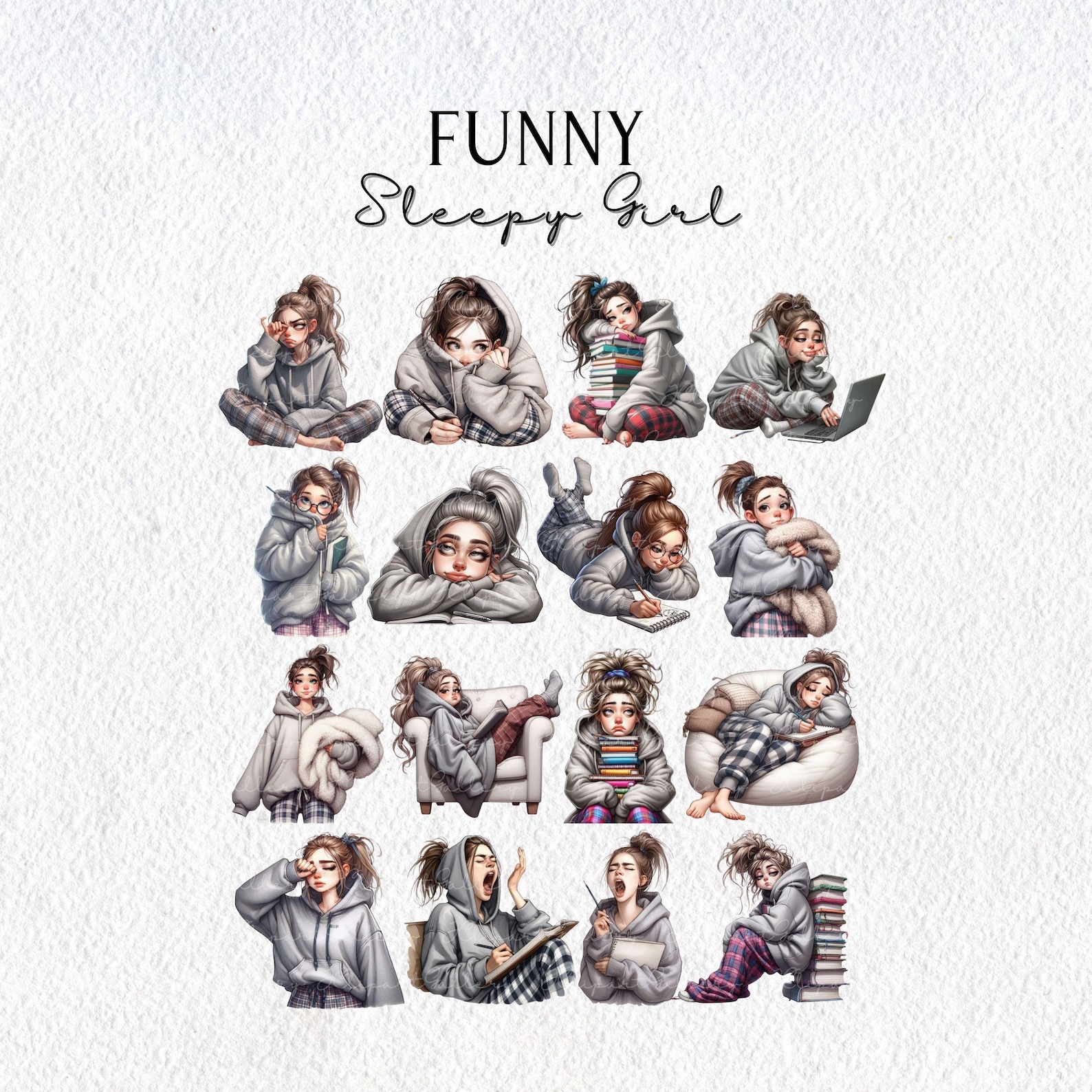 Funny Sleepy Girl Clipart Bundle, Cozy Pajama Study PNG, Tired Student ...