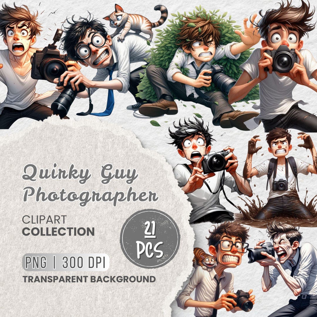 Quirky Photographer Clipart Bundle, Funny Camera Guy PNG, Camera Lover ...