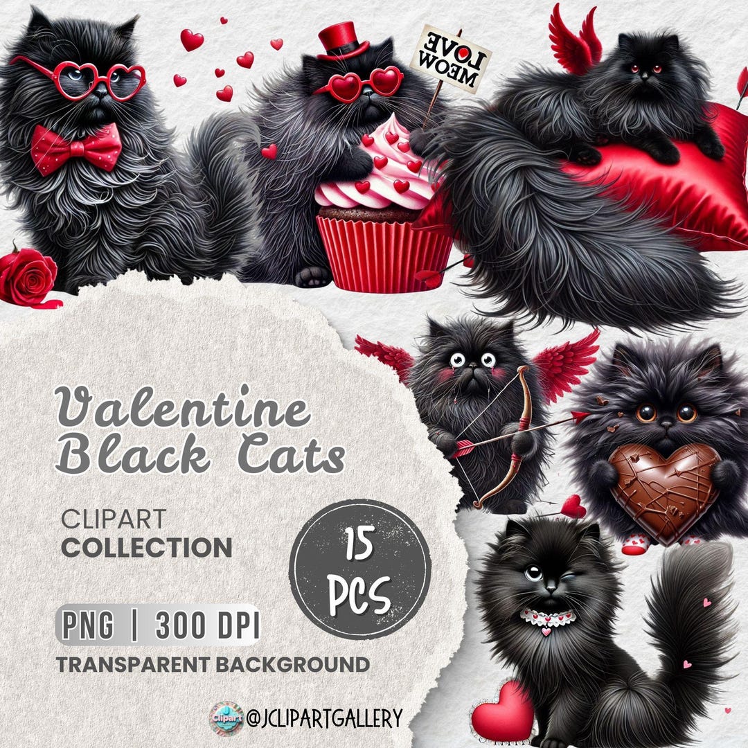 Valentine's Day Black Cat PNG Clipart Bundle, Romantic Feline Graphics ...