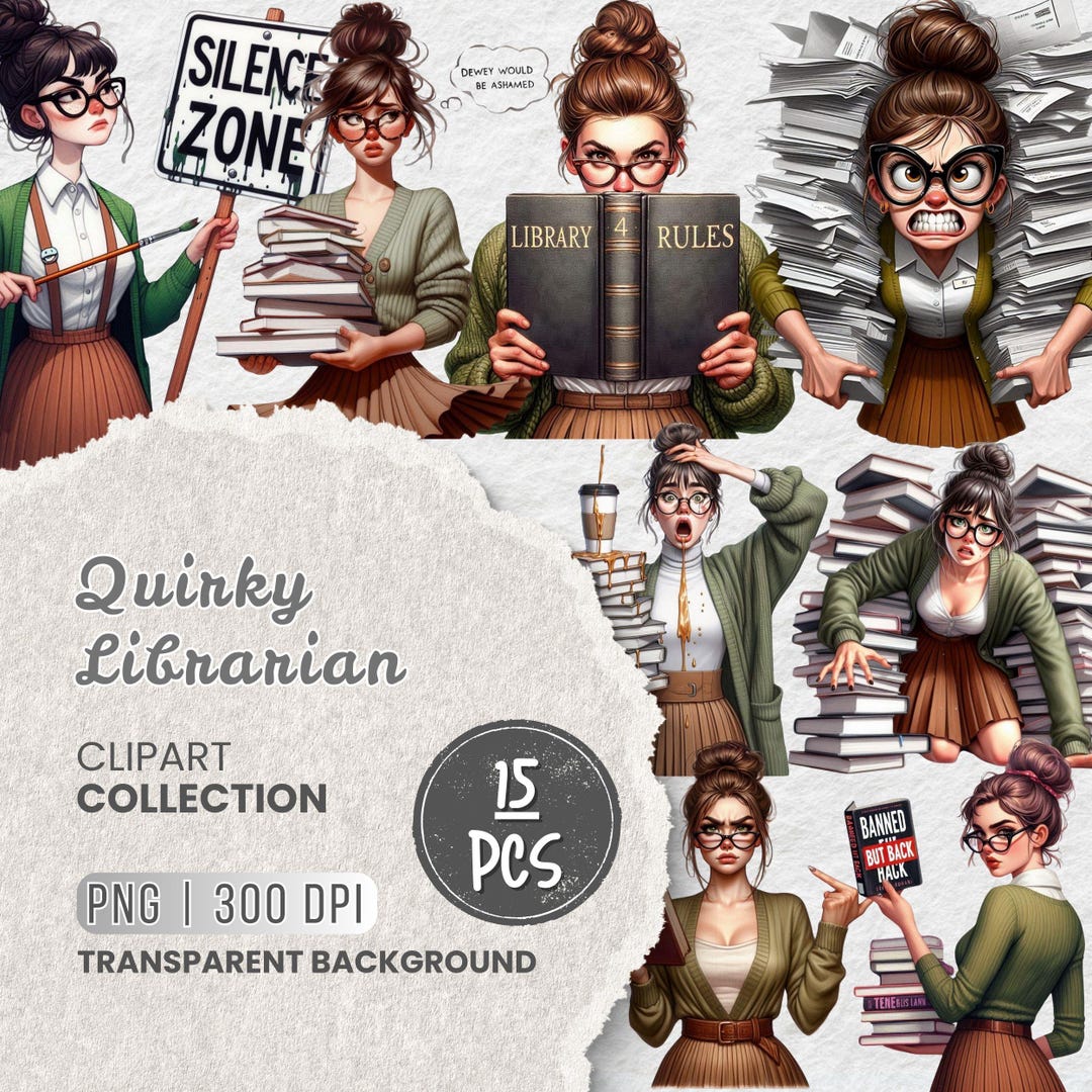 Quirky Librarian Clipart Bundle PNG, Funny Library Life, Book Lover ...