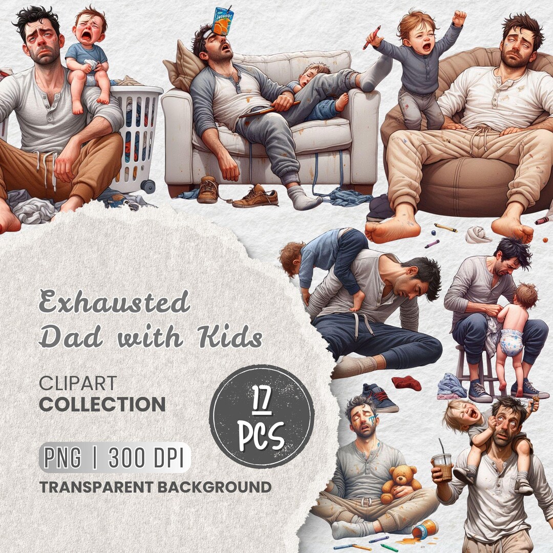 Exhausted Dad With Kids Clipart, Fatherhood Chaos, Father's Day Clipart ...