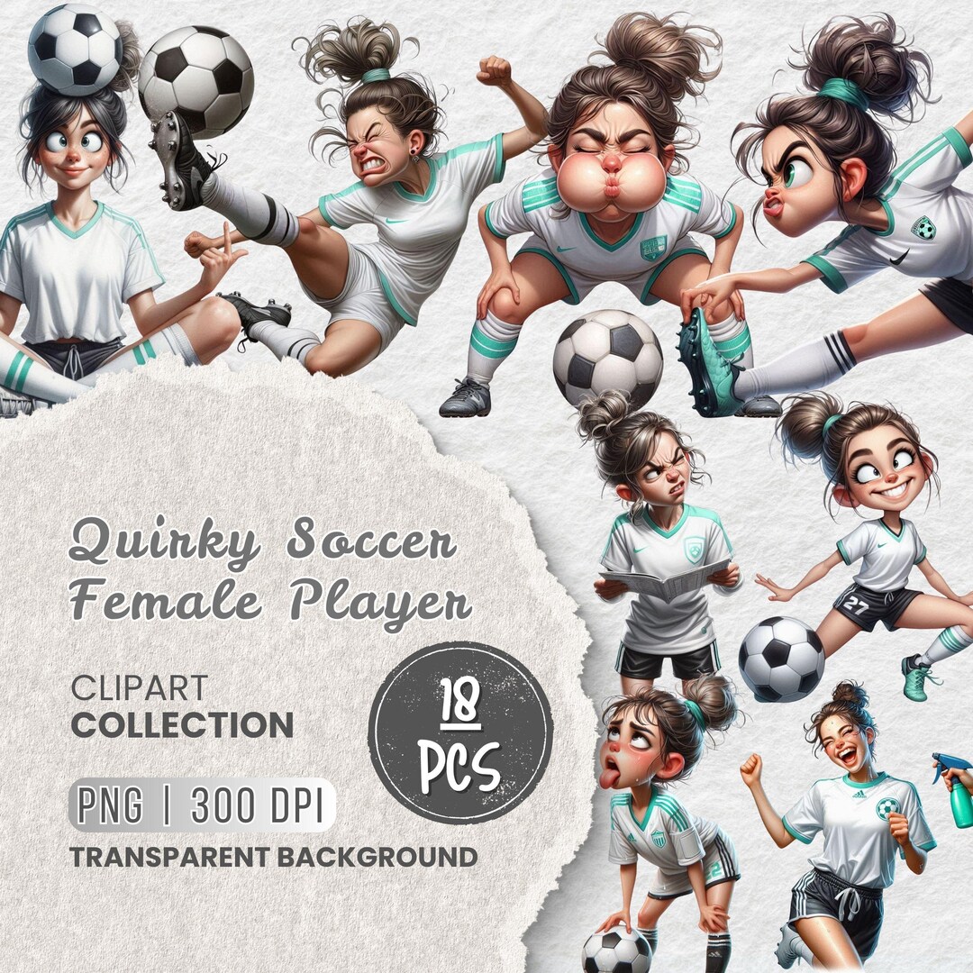 Funny Soccer Girl Clipart Bundle, Quirky Female Football Player PNG Set ...