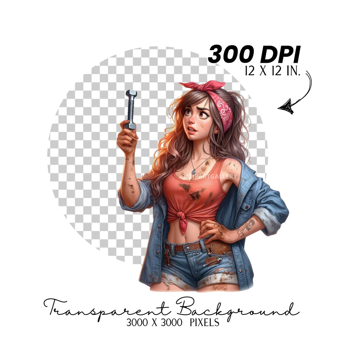 Mechanic Girl Clipart Bundle, Quirky Bandana Girl Fixes Motor PNG, Cute ...