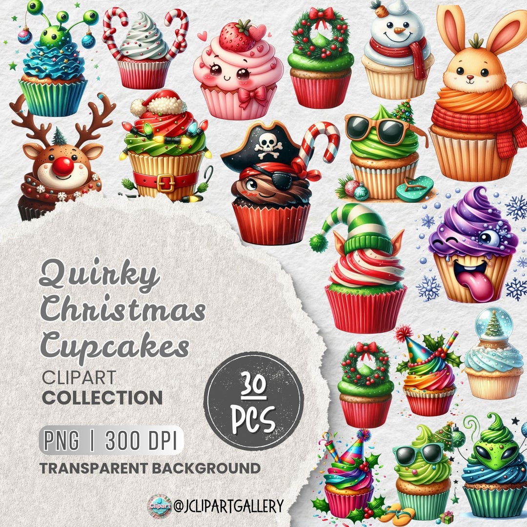 Quirky Christmas Cupcakes Clipart PNG Bundle, Whimsy Cupcake Sweet ...