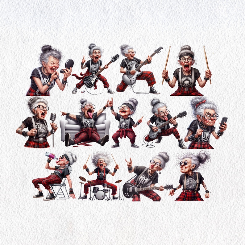 Quirky Rockstar Grandma Clipart, Funny Punk Granny, Musician Grandma ...