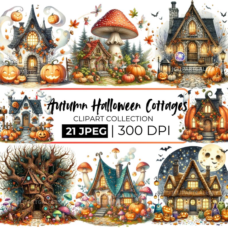 Haunted Halloween Cottage Clipart Bundle, Whimsical Fall House ...