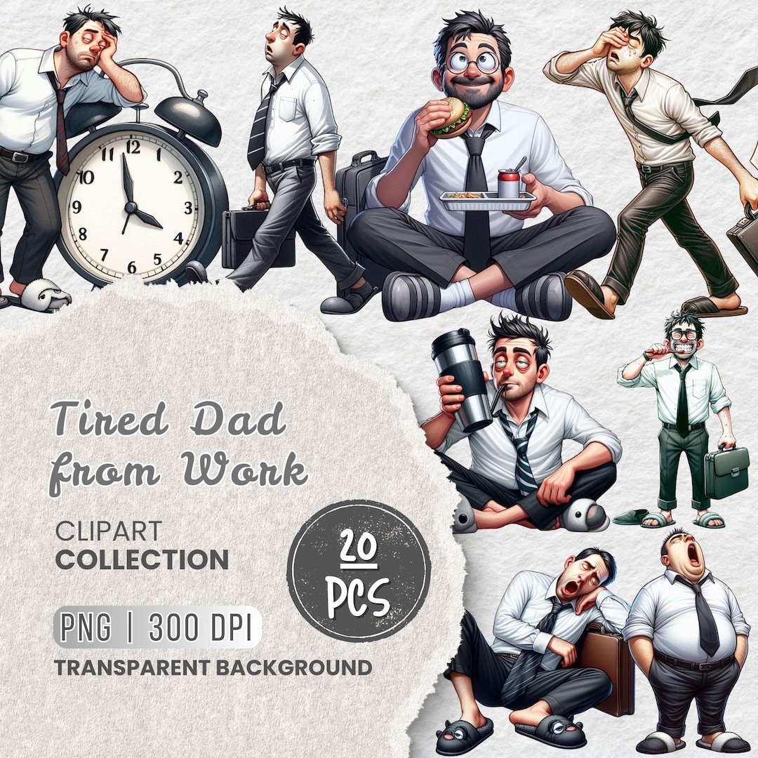 Tired Dad Clipart Bundle, Exhausted Office Worker, Funny Businessman ...