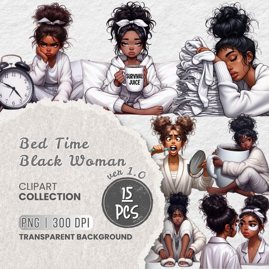 Bedtime Black Woman Clipart Bundle, Cozy Night Routine Pngs, Quirky ...