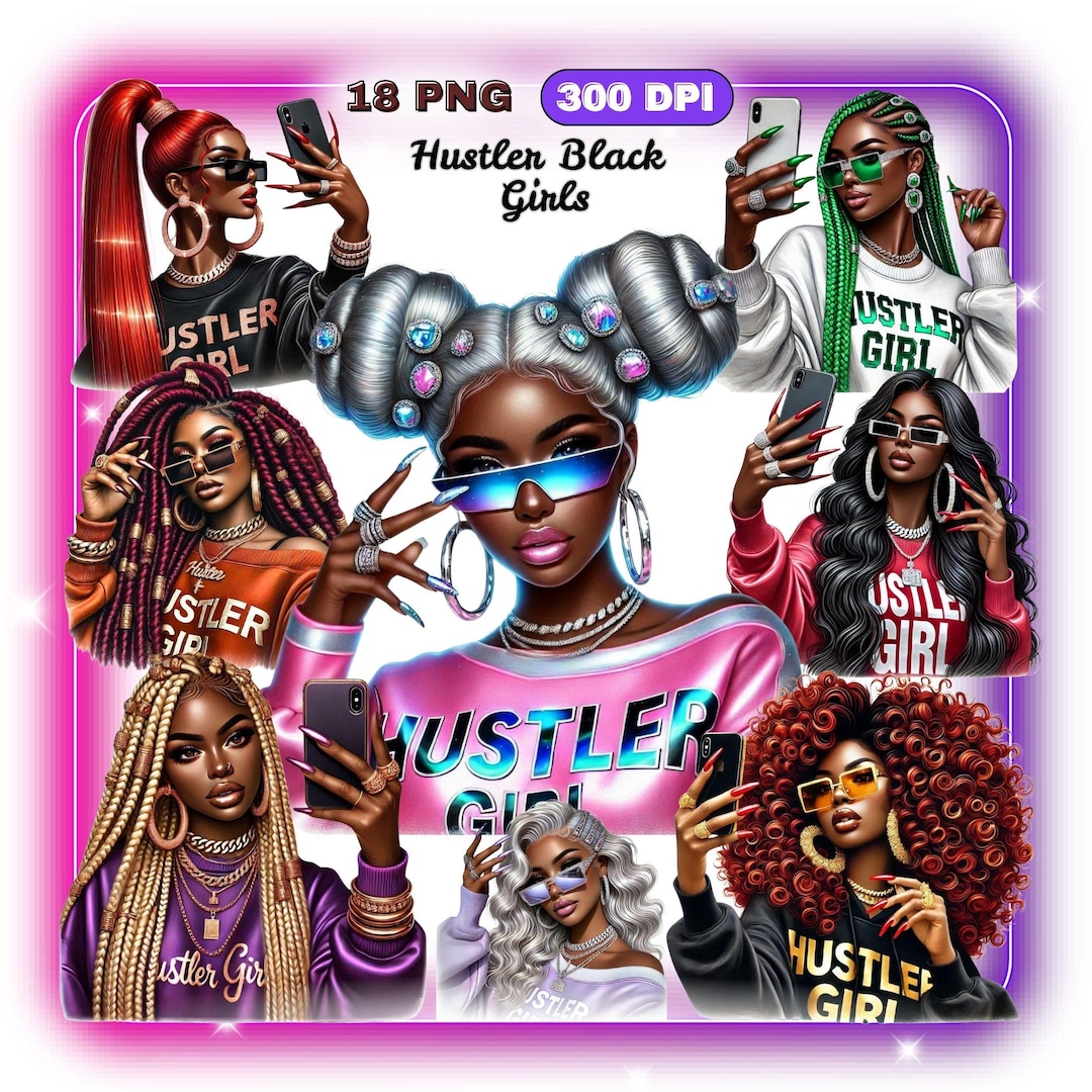 Hustle Black Girl Clipart, Black Girl With Money PNG, Afro Girl, Selfie ...