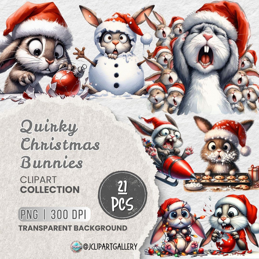 Quirky Funny Christmas Bunny PNG Clipart Bundle, Adorable Bunny With ...