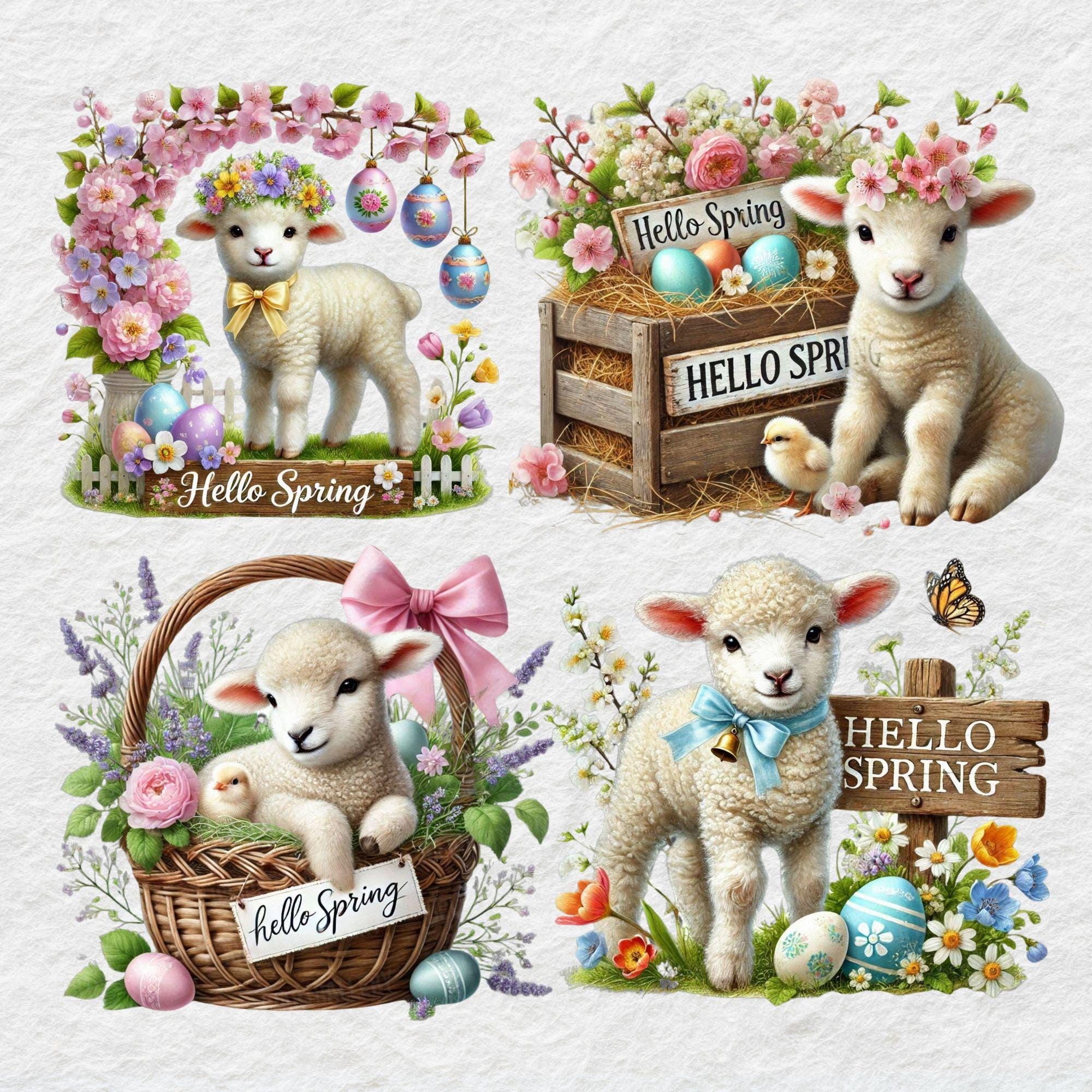 Hello Spring Lamb Clipart Png Bundle , Cute Floral Sheep PNG With ...