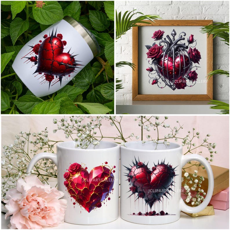 Dark Valentine Hearts Clipart Bundle PNG, Gothic Red and Black Heart ...