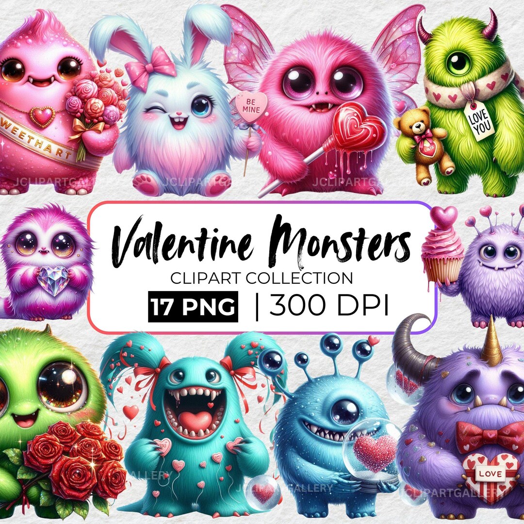 Watercolor Monsters in Love Clipart, Cute Valentine's Day Monsters ...