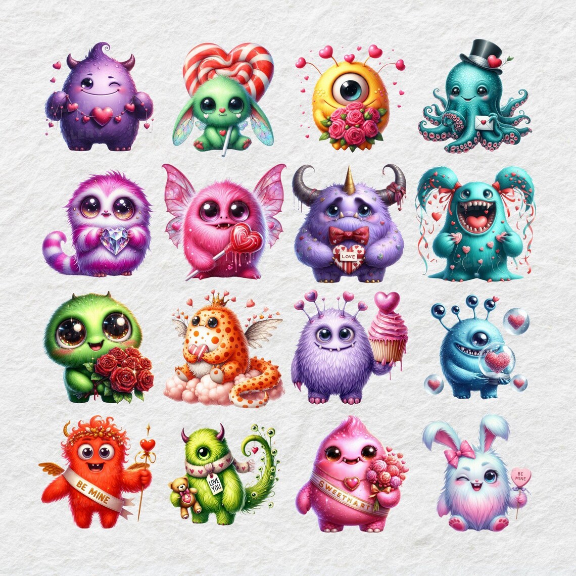 Watercolor Monsters in Love Clipart, Cute Valentine's Day Monsters ...