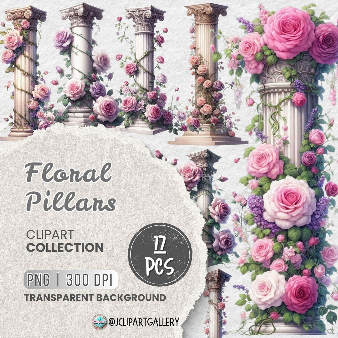 Floral Column Pillars Clipart PNG Bundle, Vintage Rose Pillar ...