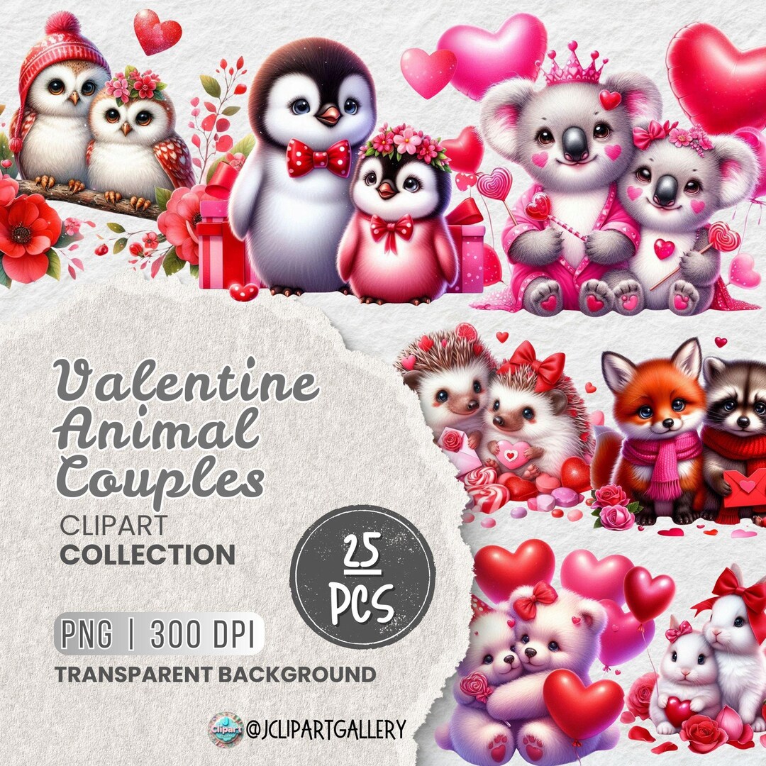 Watercolor Cute Animal Couple Clipart, 25 PNG Valentines Day Clipart ...