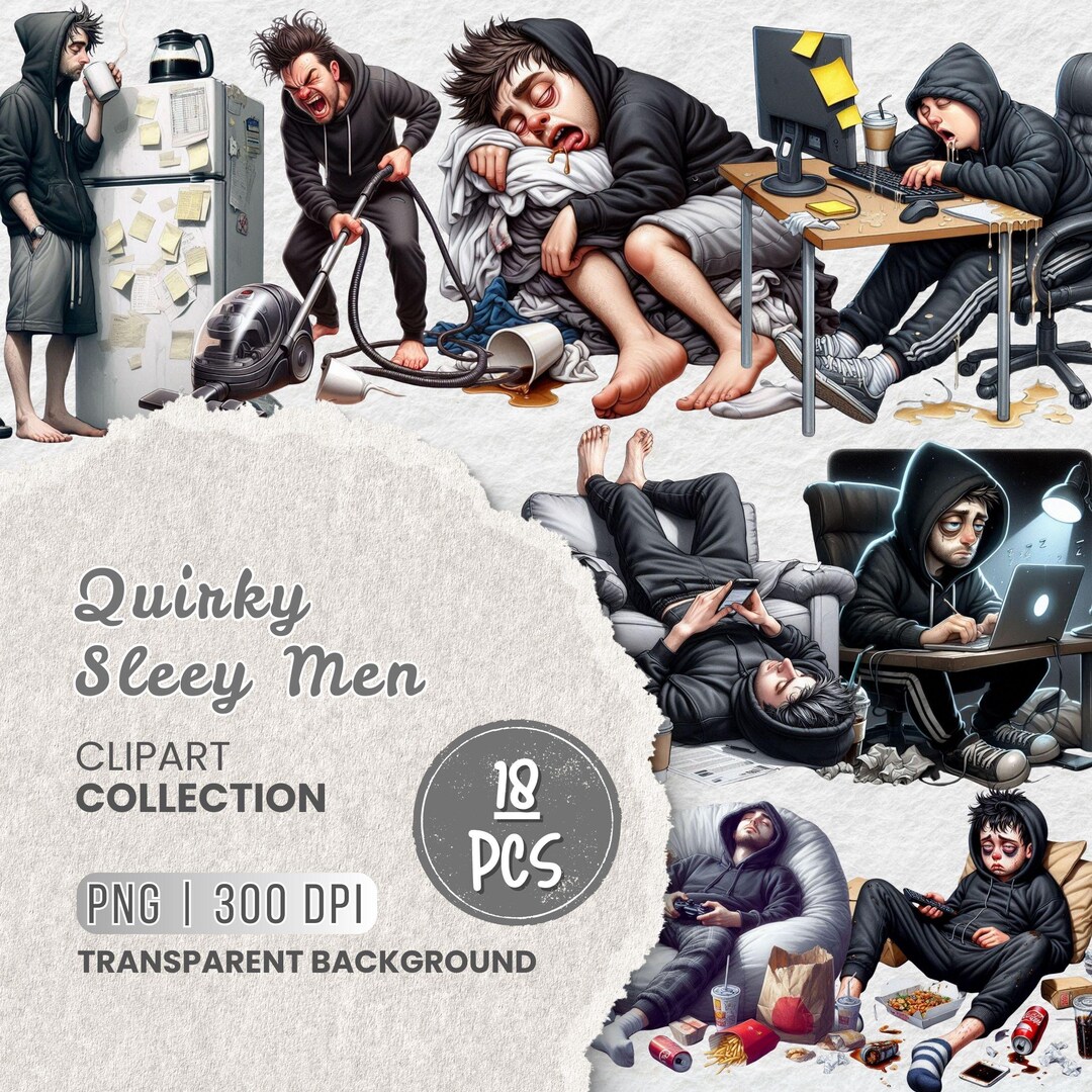 Quirky Sleepy Men Clipart, Lazy Tired Guy Clipart, Funny Sleep Deprived ...