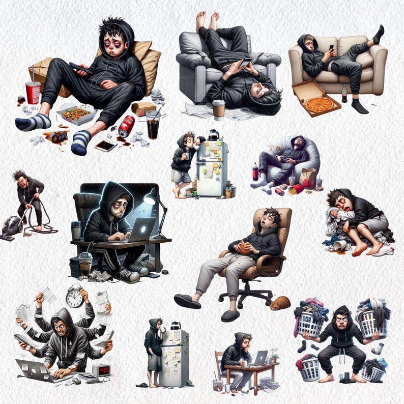 Quirky Sleepy Men Clipart, Lazy Tired Guy Clipart, Funny Sleep Deprived ...