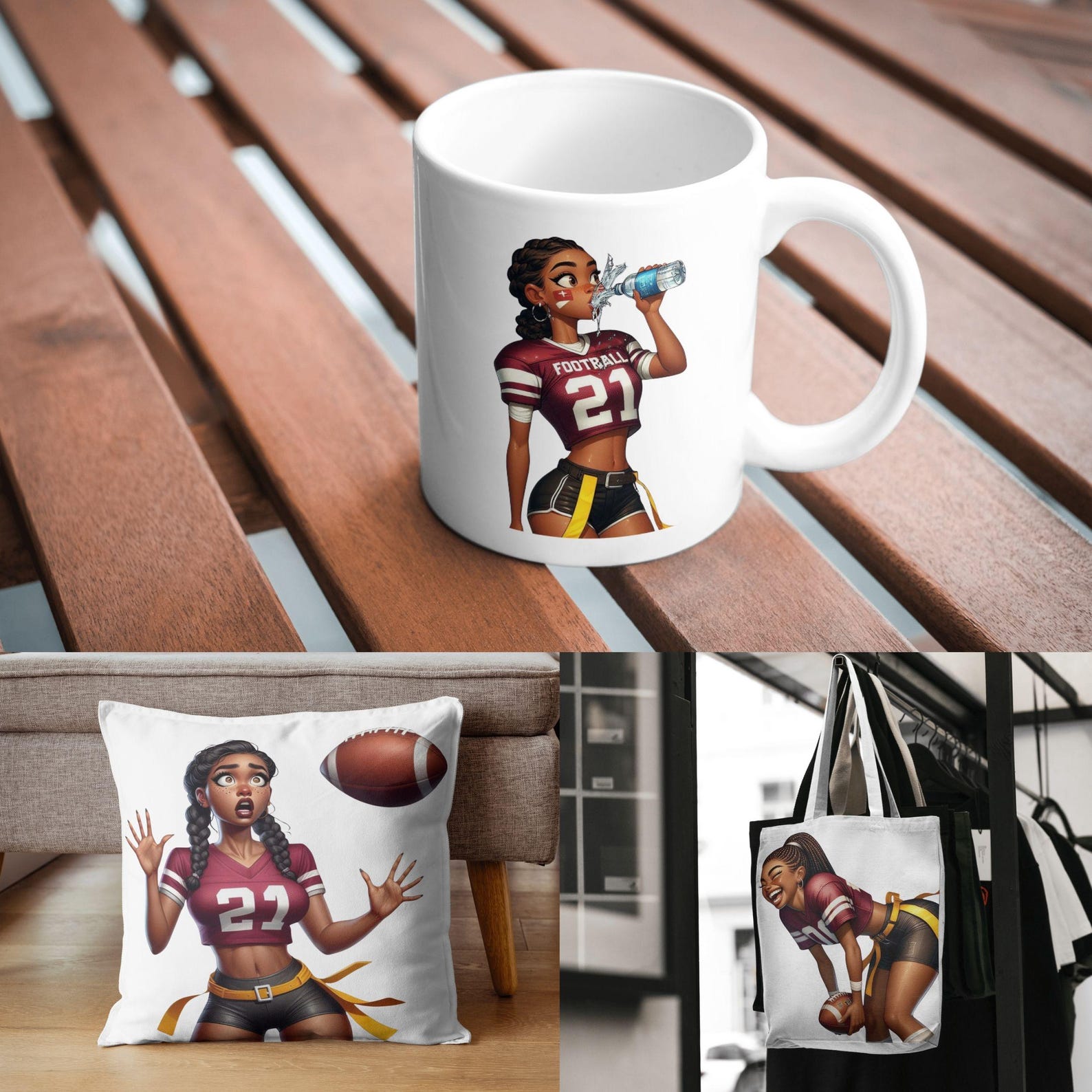 Quirky Flag Football Black Girl Clipart, Sporty Black Woman PNG, Funny ...