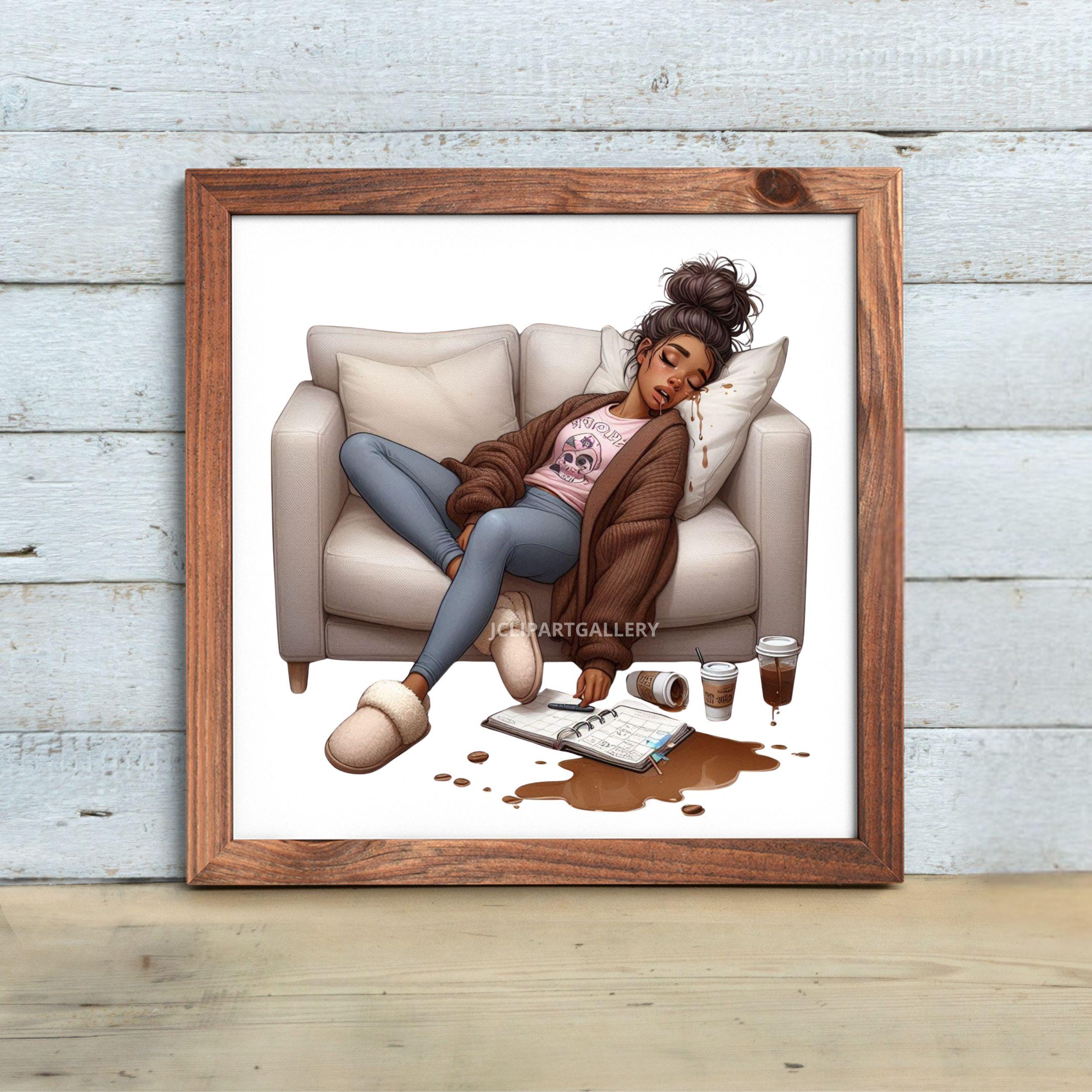 Exhausted Coffee Lover Black Girl Clipart, Funny Relatable Black Girl ...