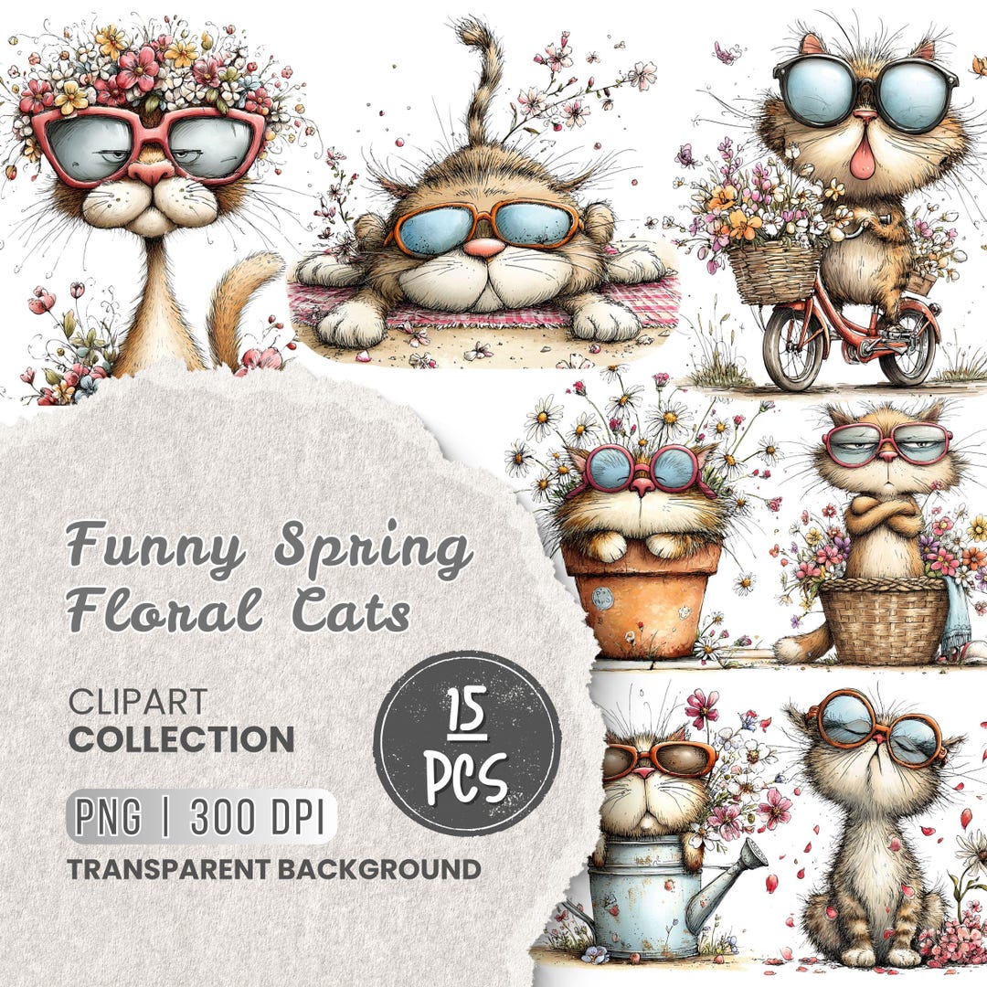 Funny Floral Cat Clipart PNG Bundle, Whimsical Spring Cats, Cat Lover ...