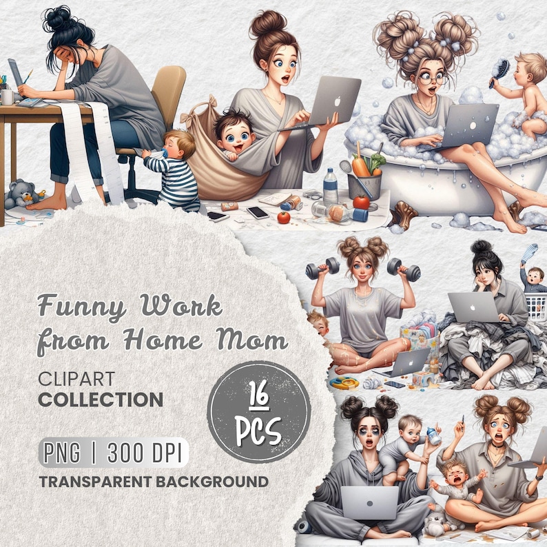 Funny Work From Home Mom Png Clipart, Hilarious Mother and Child ...