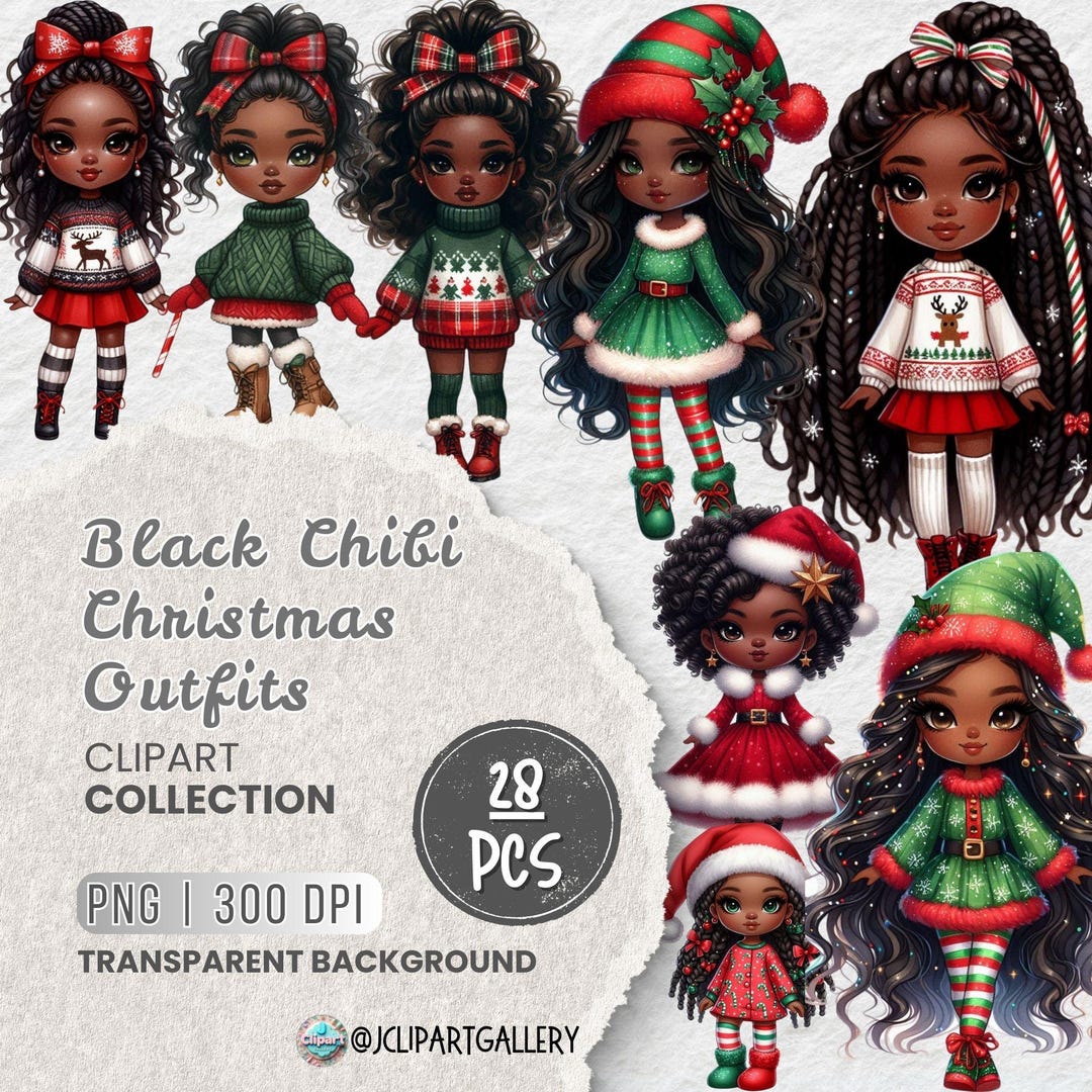 Christmas Chibi Doll Clipart PNG Bundle, Festive African American Girl ...