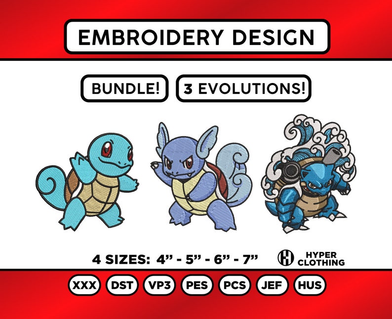 Squirtle Evolutions Bundle Embroidery Design, Digital File, Instant ...