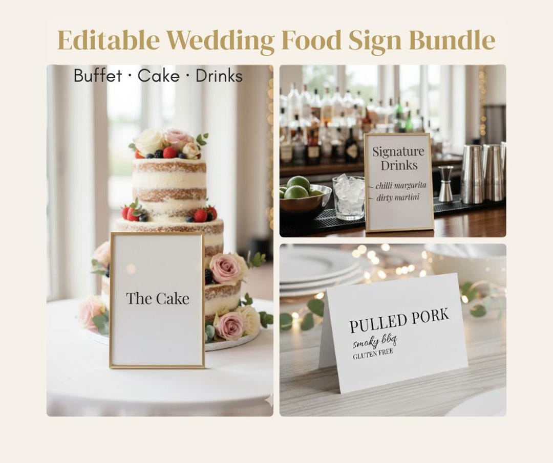 Editable Wedding Food Sign Bundle, Buffet Cards, Cake & Drinks Signs ...