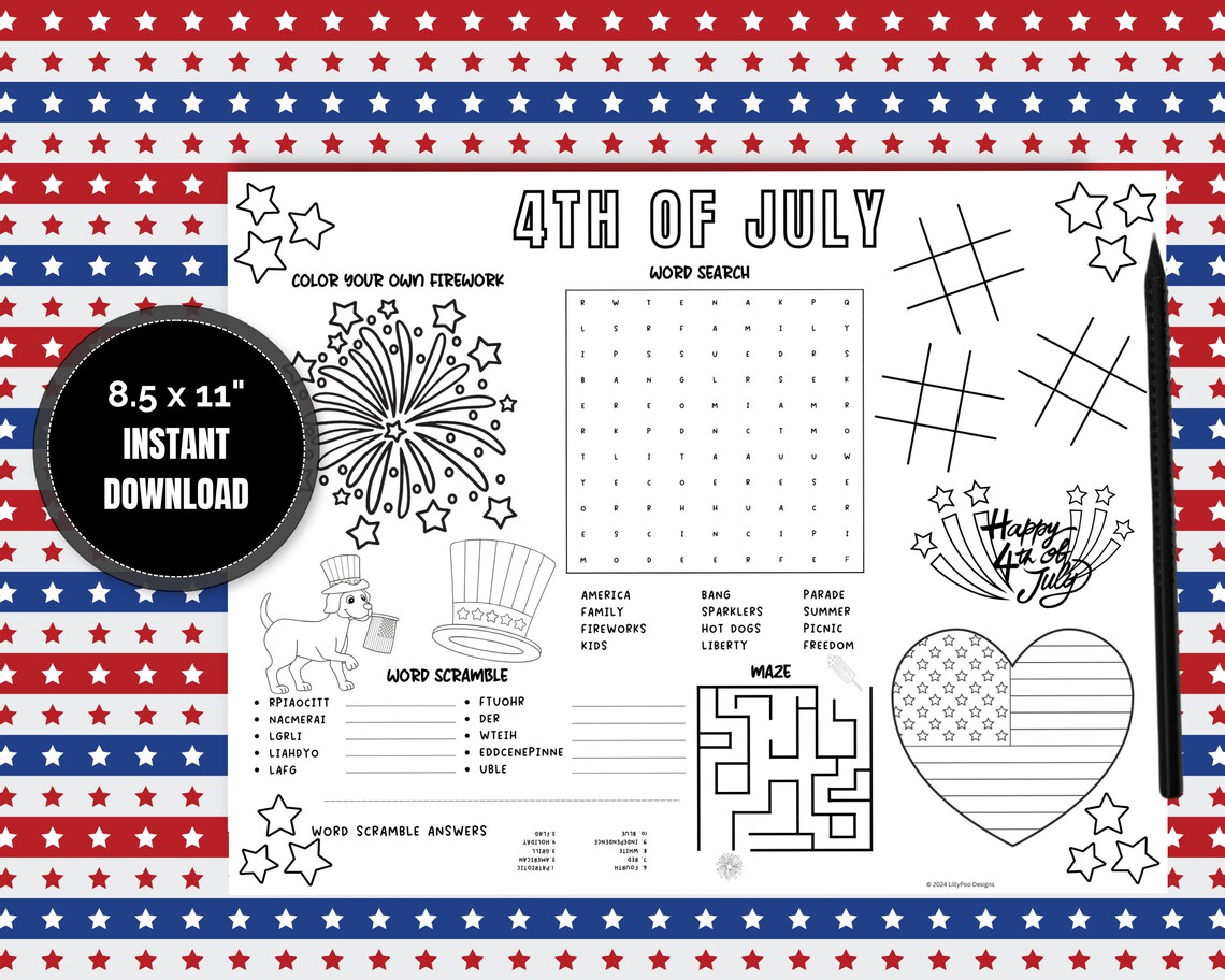 4th of July Placemat Activity Coloring Page Digital 11 X 8.5 Kids Party ...
