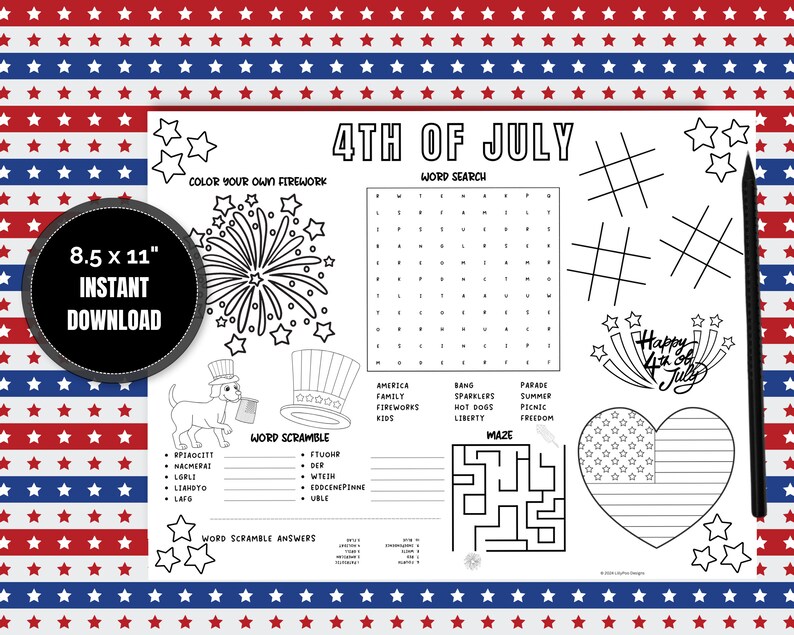 4th of July Placemat Activity Coloring Page Digital 11 X 8.5 Kids Party ...