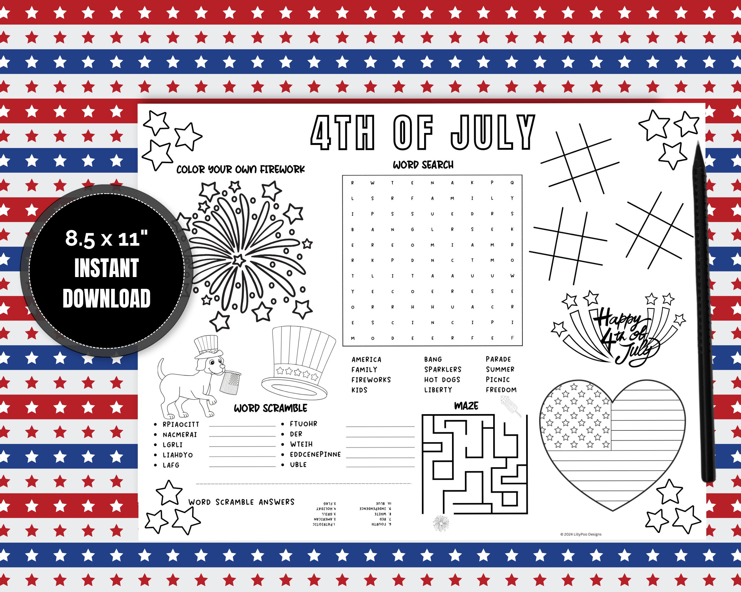 4th of July Placemat Activity Coloring Page Digital 11 X 8.5 Kids Party ...