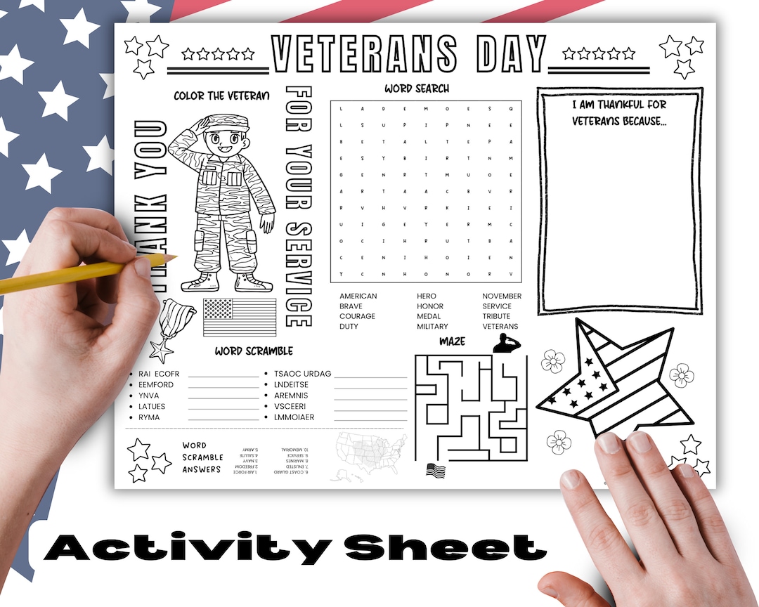 Veterans Day Placemat Activity Page Printable, Word Search, Maze, Word ...