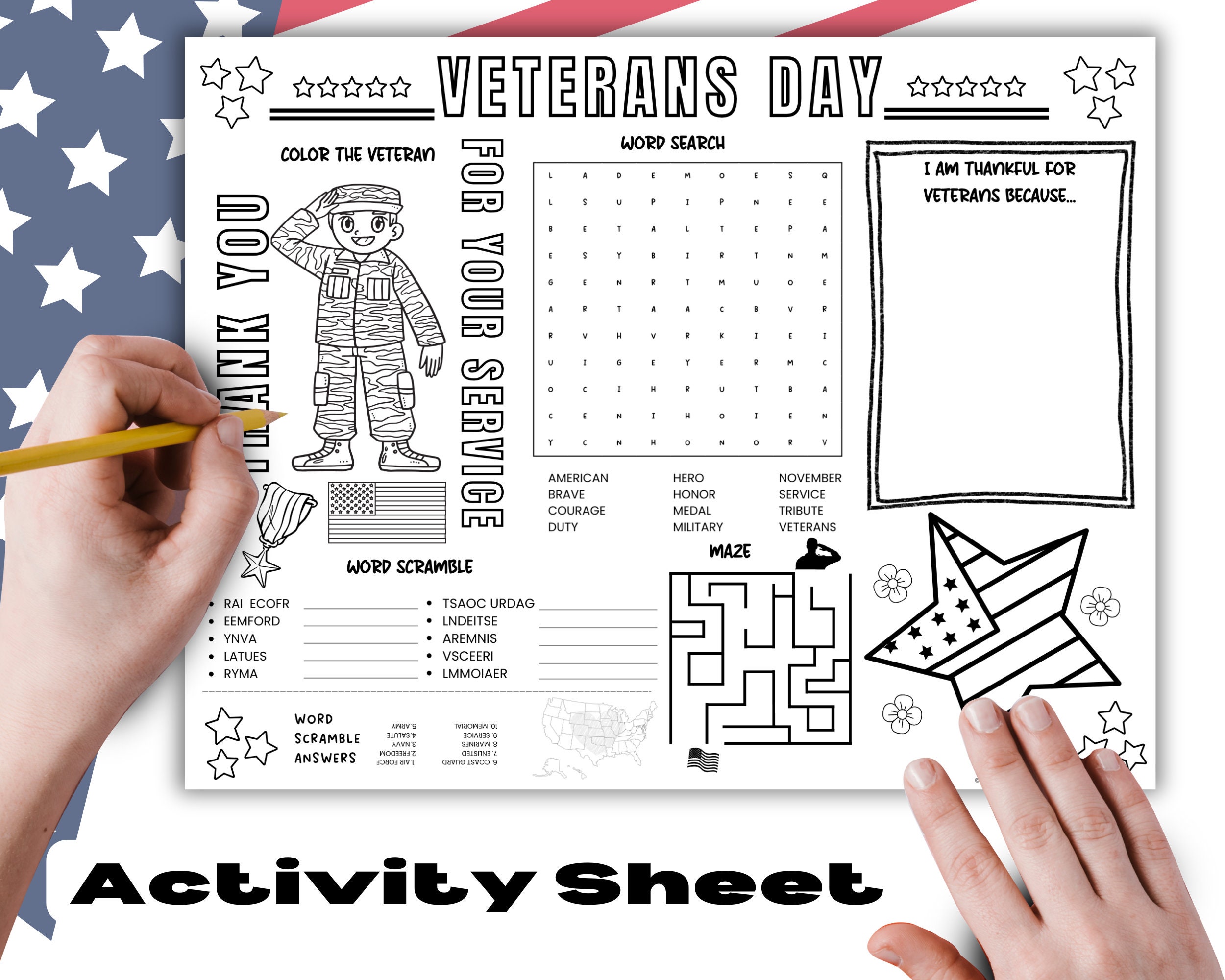 Veterans Day Placemat Activity Page Printable, Word Search, Maze, Word ...